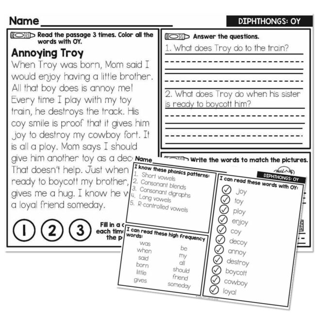 2nd Grade Decodable Phonics Passage - Diphthongs - OY - Lucky Little ...