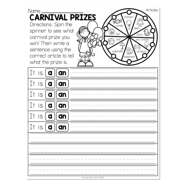 Grammar Worksheets - Articles - Carnival Prizes - Lucky Little Learners