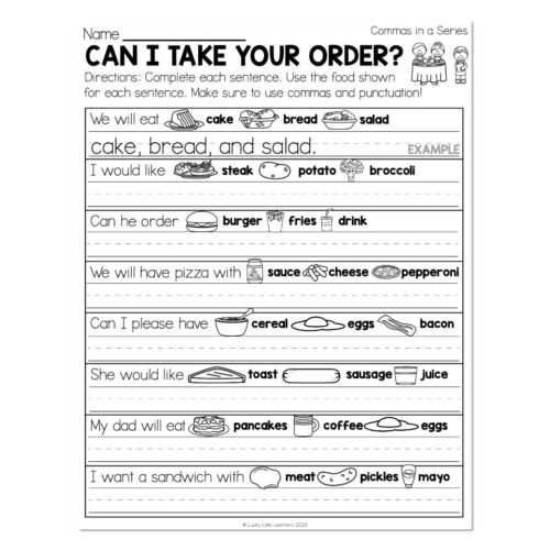 Grammar Worksheets - Commas in Series - Can I Take Your Order - Lucky ...