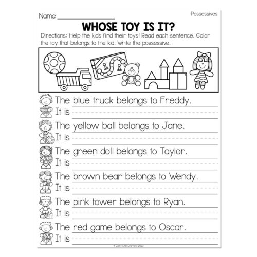 Grammar Worksheets - Possessives - Whose Toy is It? - Lucky Little Learners