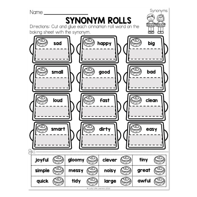 Grammar Worksheets - Synonyms - Synonym Rolls - Lucky Little Learners