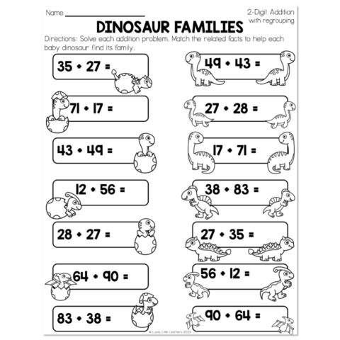Math Worksheets - 2-Digit Addition with Regrouping - Dinosaur Families ...