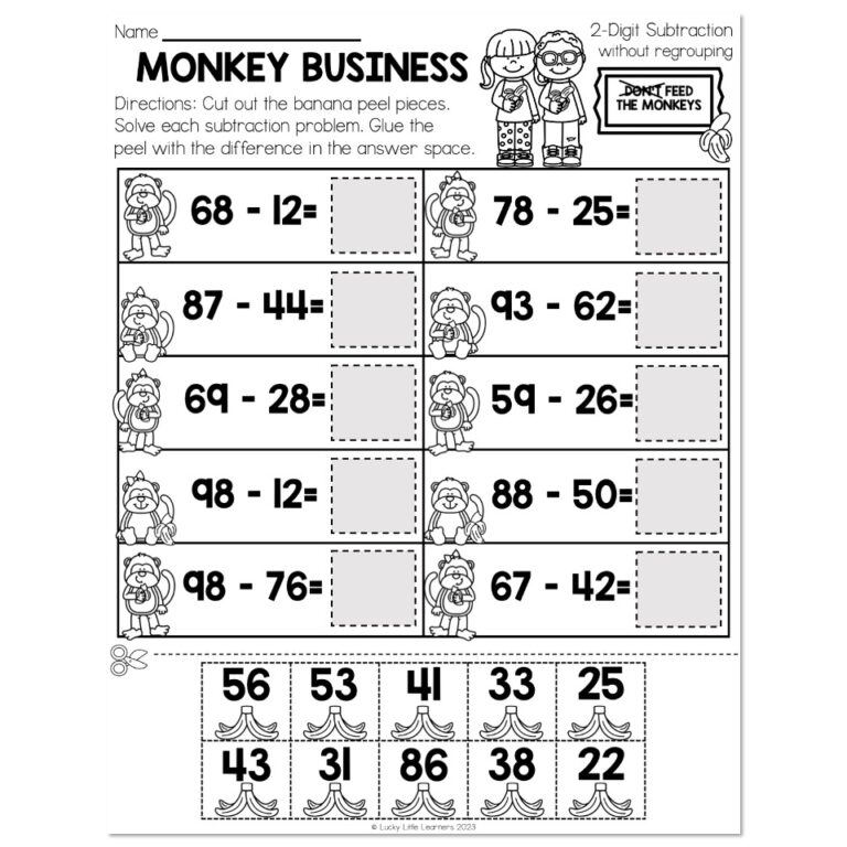 Math Worksheets - 2-Digit Subtraction without Regrouping - Monkey ...