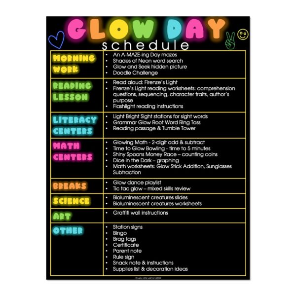 Classroom Transformation - Glow Day - Schedule - Lucky Little Learners