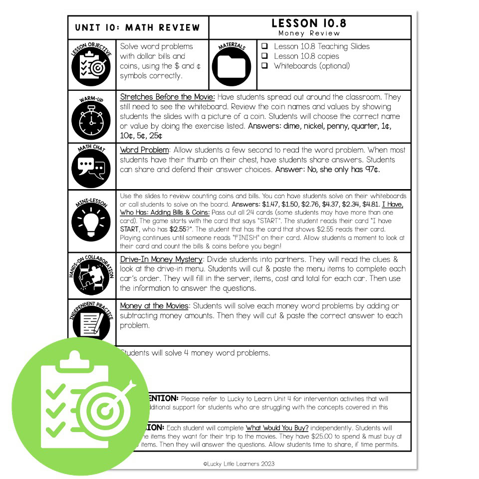Lucky to Learn Math - Lesson 10.8 - Money Review - Lesson Plan - Lucky ...