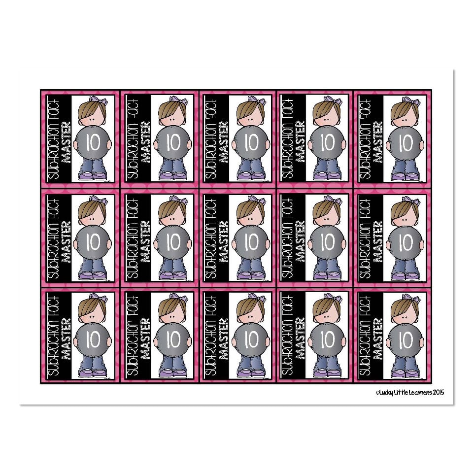 Brag Tags - Subtraction Facts - 10 - Lucky Little Learners