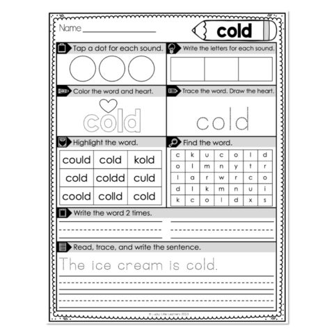 Heart Word Worksheets - Sight Words - Cold - Lucky Little Learners