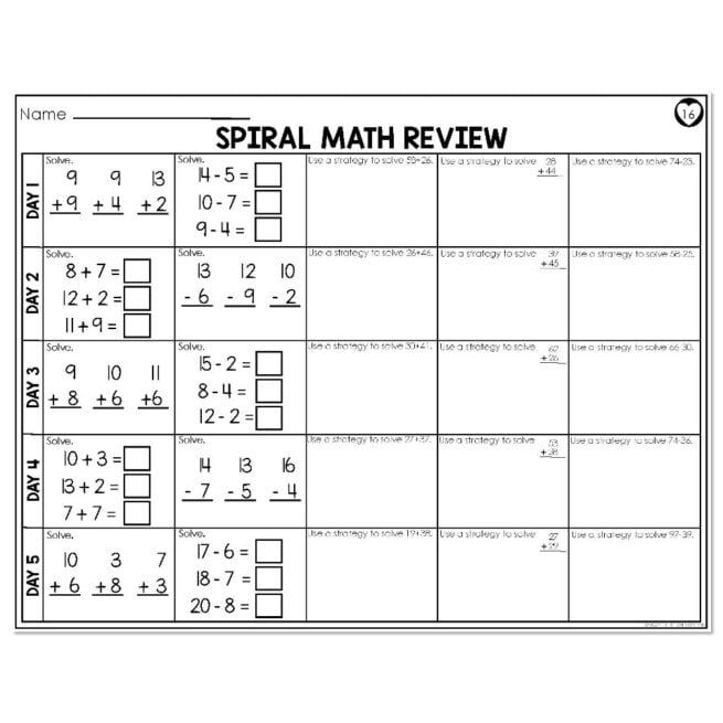 2nd Grade Spiral Math - Week 16 - At - Lucky Little Learners