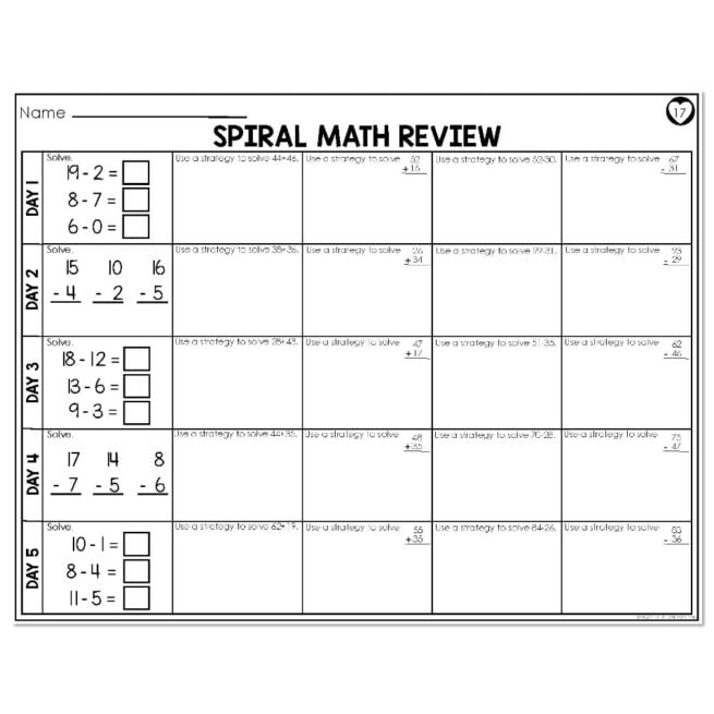 2nd Grade Spiral Math - Week 17 - At - Lucky Little Learners