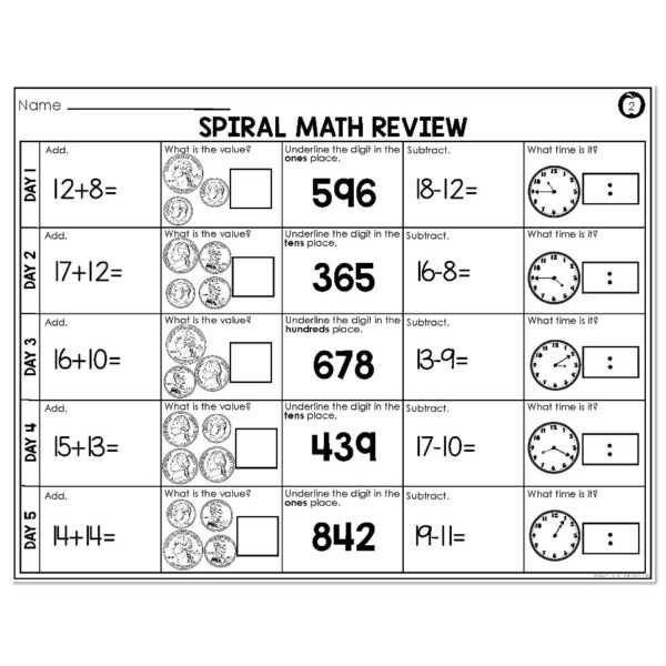 2nd Grade Spiral Math - Week 2 - Above - Lucky Little Learners