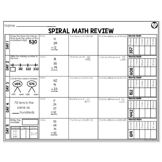 2nd Grade Spiral Math - Week 22 - At - Lucky Little Learners