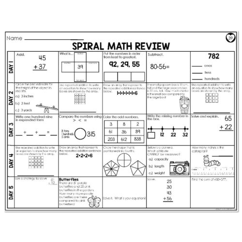 2nd Grade Spiral Math - Week 39 - At - Lucky Little Learners