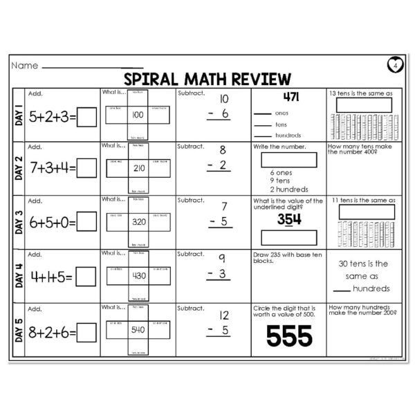2nd Grade Spiral Math - Week 4 - At - Lucky Little Learners