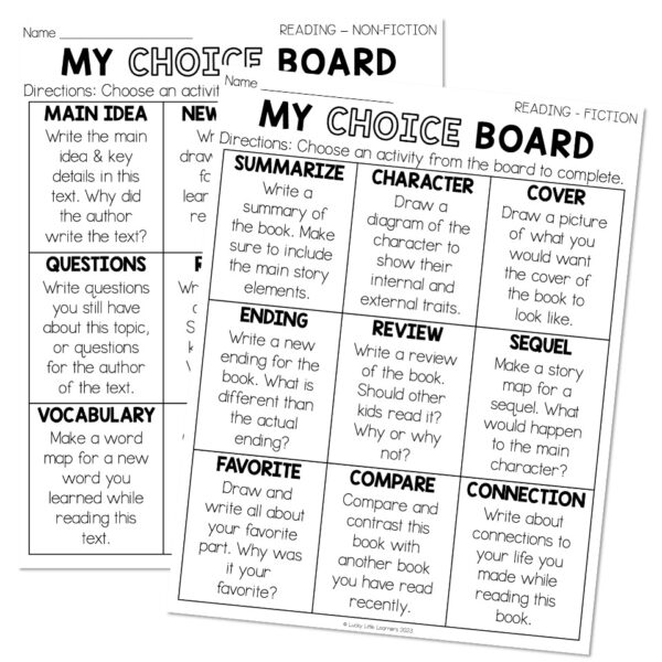 Choice Boards - Fiction and Non-Fiction Reading - Lucky Little Learners