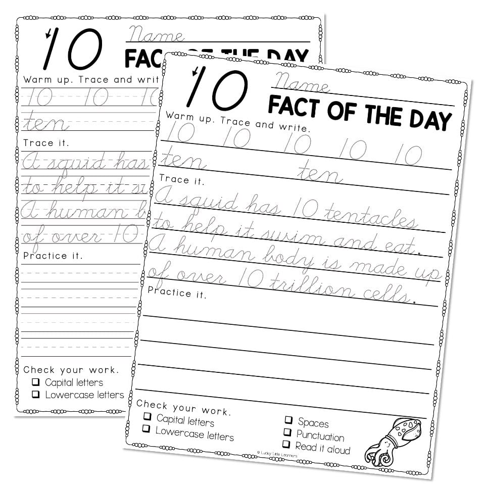 Fun Facts Cursive Handwriting Practice - 10 - Lucky Little Learners
