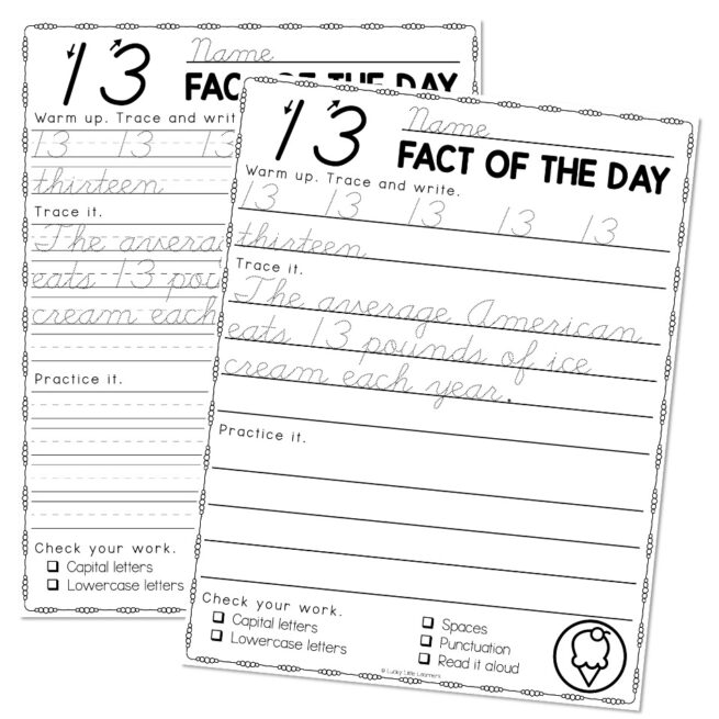 Fun Facts Cursive Handwriting Practice - 13 - Lucky Little Learners