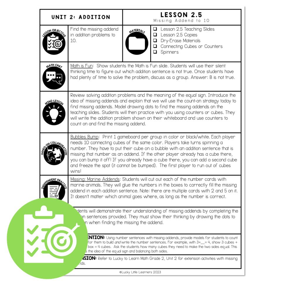Lucky to Learn Math - 1st Grade - Lesson 2.5 - Missing Addends to 10 ...