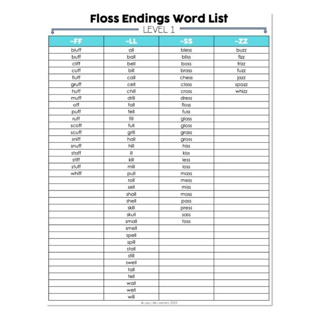 Lucky to Learn Phonics - Floss Endings - Word List - Lucky Little Learners