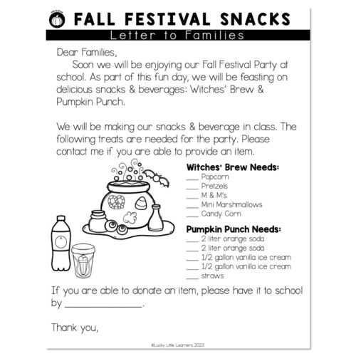 Fall Festival - Halloween Party - Parent Note - Snacks - Lucky Little ...