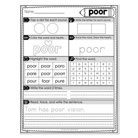 Heart Word Worksheets - Sight Words - Poor - Lucky Little Learners