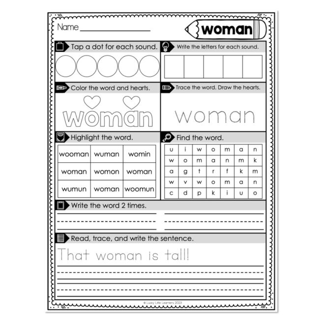 Heart Word Worksheets - Sight Words - Woman - Lucky Little Learners