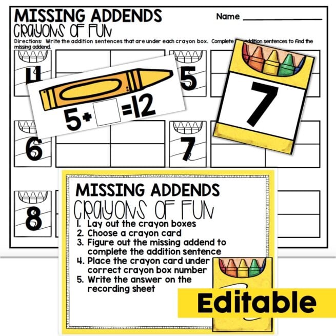 Editable 2nd Grade Math Center - August - Missing Addends - Crayons of ...