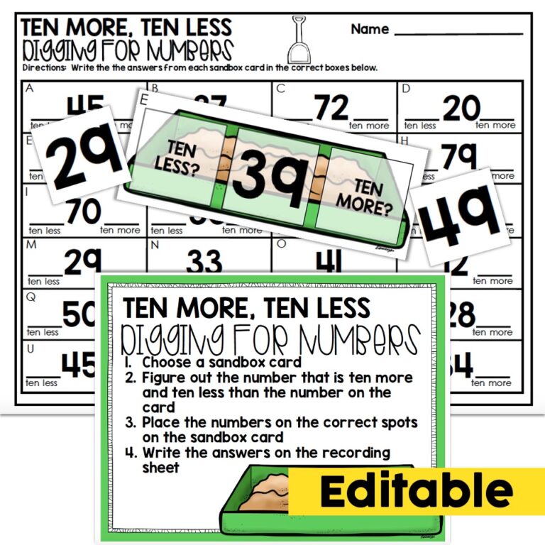 Editable 2nd Grade Math Center - August - Ten More, Ten Less - Digging ...