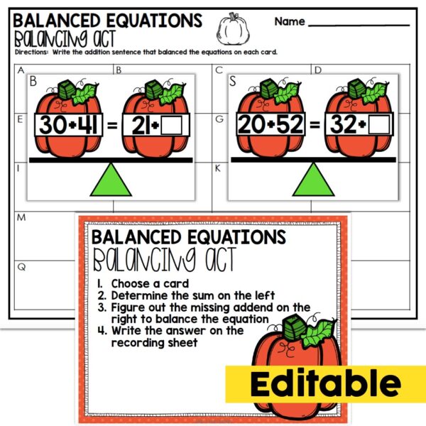 Editable 2nd Grade Math Center - November - Balanced Equations ...
