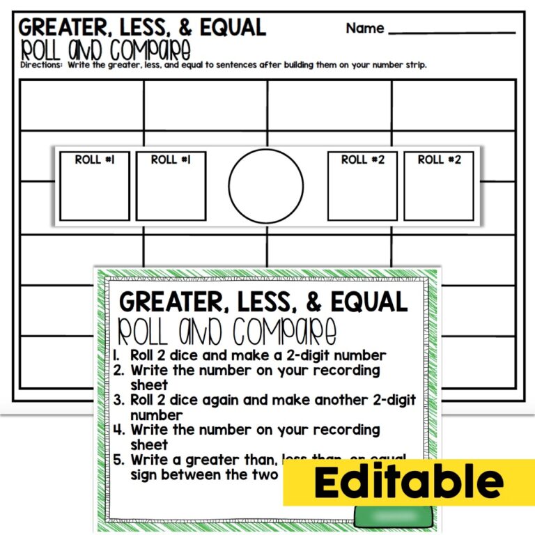 Editable 2nd Grade Math Center - November - Greater, Less, and Equal ...