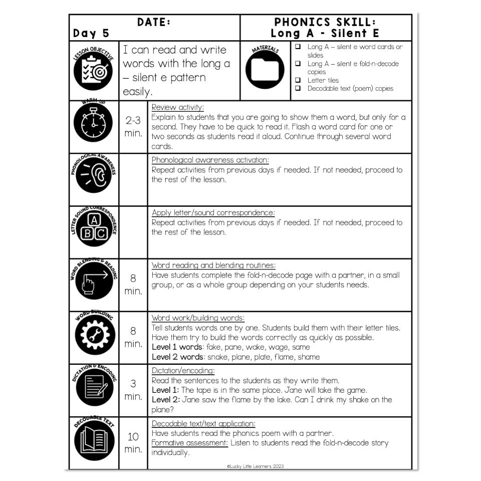 Lucky to Learn Phonics - Silent E - Long A - Lesson Plan Day 5 - Lucky ...