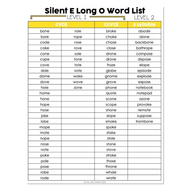 Lucky to Learn Phonics - Silent E - Long O - Word List - Lucky Little ...
