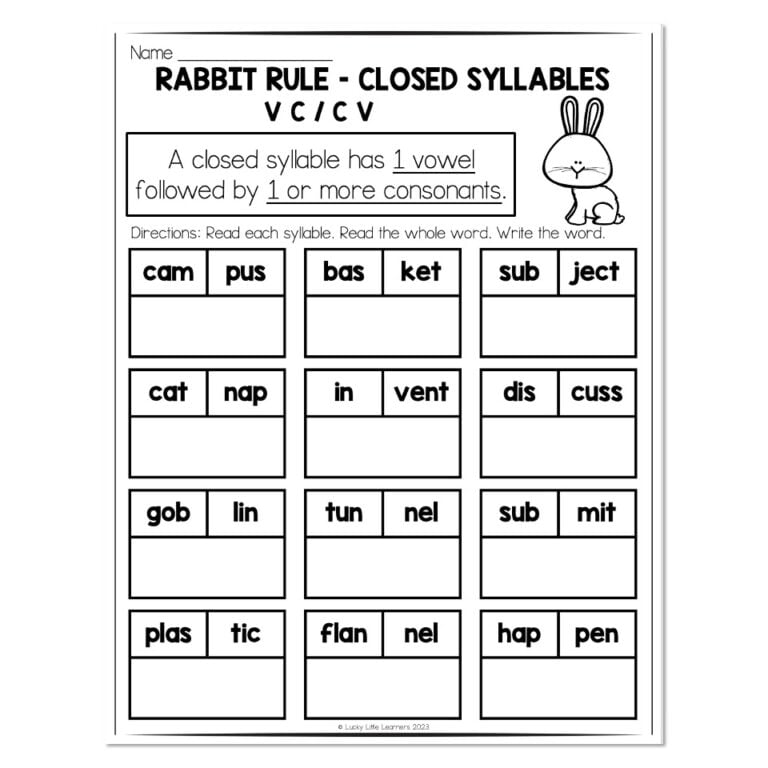 Multisyllable Words Book - Rabbit Rule - Closed Syllable - Combine ...