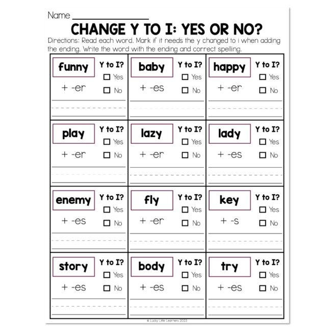 Inflectional Endings and Suffixes - Change Y to I Rule - Yes or No ...