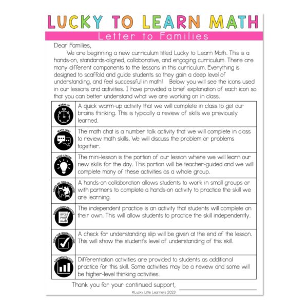 Lucky to Learn Math - Parent Letter - Lucky Little Learners
