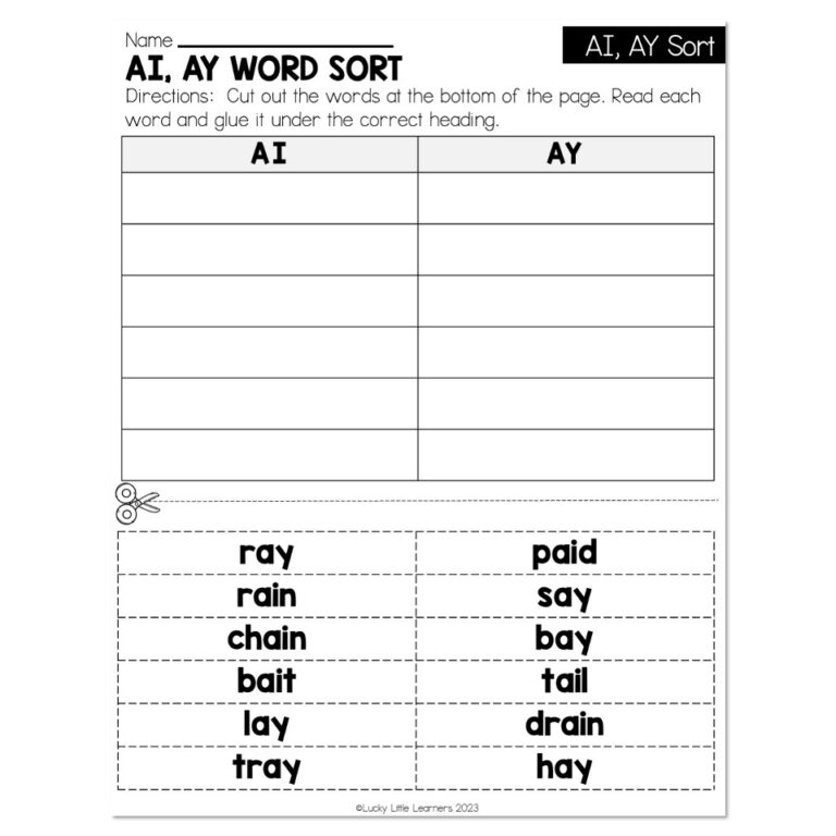 Lucky to Learn Phonics - Vowel Teams - Long A - AI AY Word Sort - Lucky ...