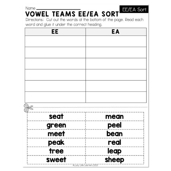 Lucky to Learn Phonics - Vowel Teams - Long E - EE EA Word Sort - Lucky ...