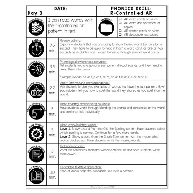 Lucky to Learn Phonics - Other Vowels - R-Controlled AR - Lesson Plan ...