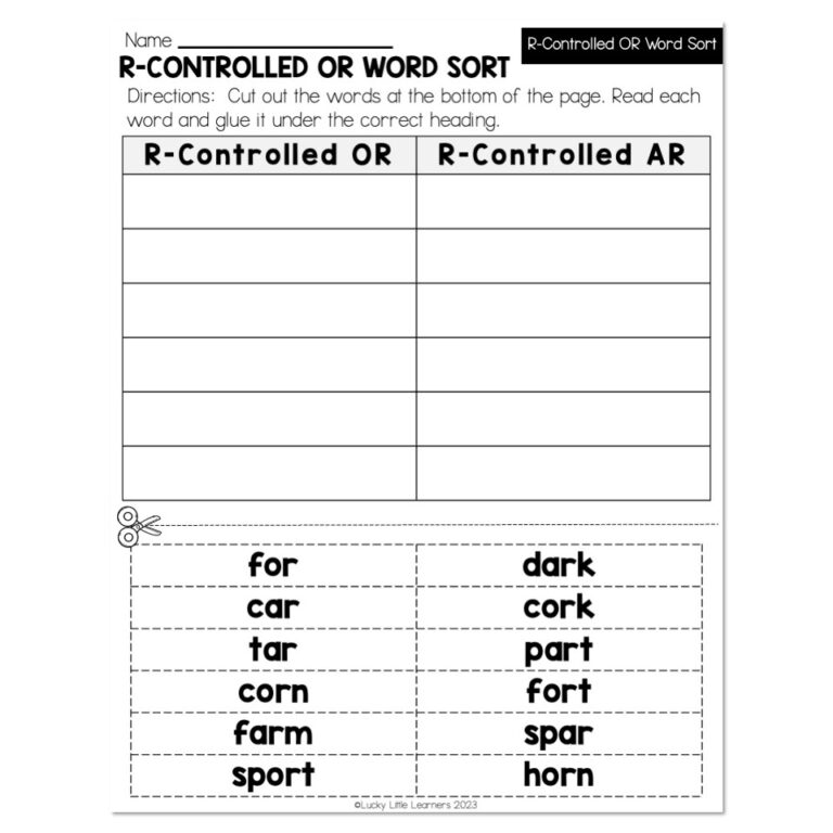 Lucky to Learn Phonics - Other Vowels - R-Controlled OR - Word Sort ...