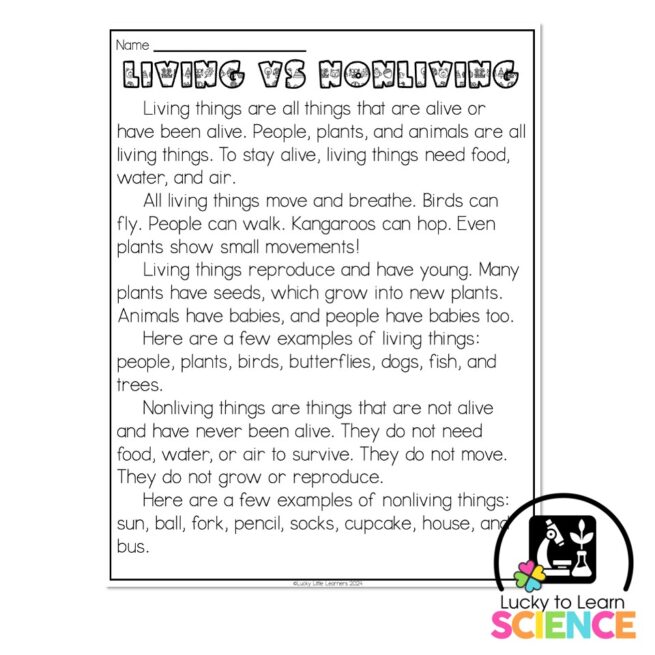 Lucky to Learn Science - Living vs Nonliving Things - Reading Passage ...