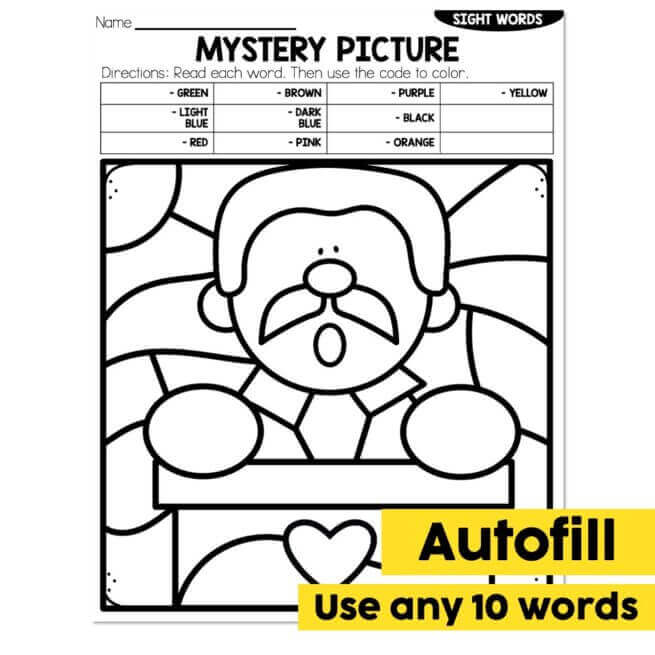 Color by Sight Word - Autofill - Martin Luther King Jr - Lucky Little ...