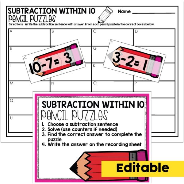 Editable - 1st Grade August Math Center - Subtraction within 10 - Lucky ...
