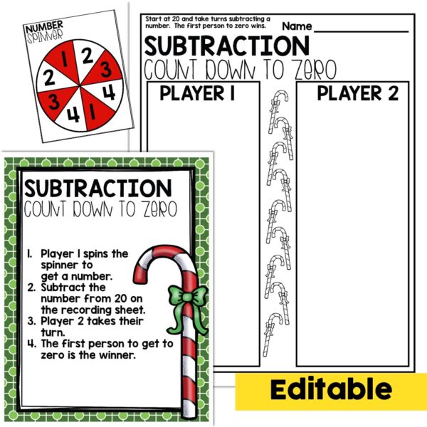 Editable - 1st Grade December Math Center - Subtraction - Lucky Little ...
