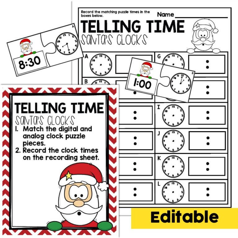 Editable - 1st Grade December Math Center - Telling Time - Lucky Little ...