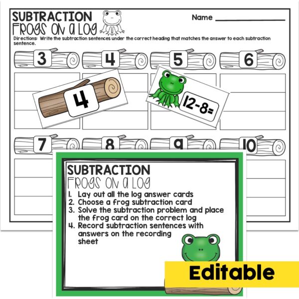 Editable - 1st Grade July Math Center - Subtraction - Lucky Little Learners
