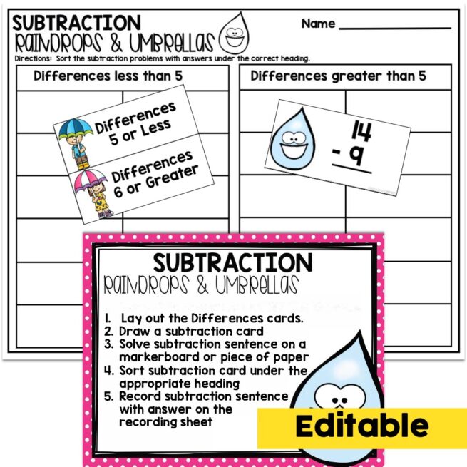 Editable - 1st Grade May Math Center - Subtraction - Lucky Little Learners