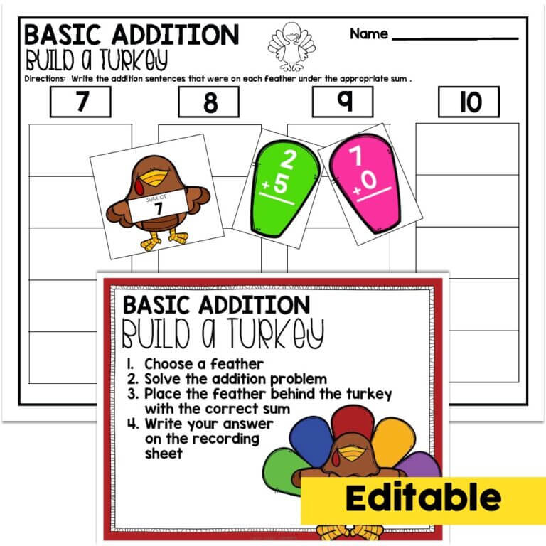 Editable - 1st Grade November Math Center - Basic Addition - Lucky ...