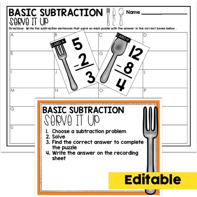 Editable - 1st Grade November Math Center - Basic Subtraction - Lucky ...