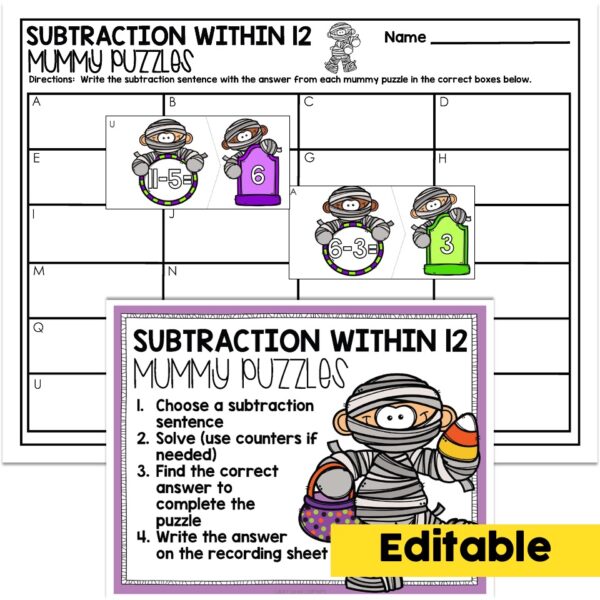 Editable - 1st Grade October Math Center - Subtraction Within 12 ...