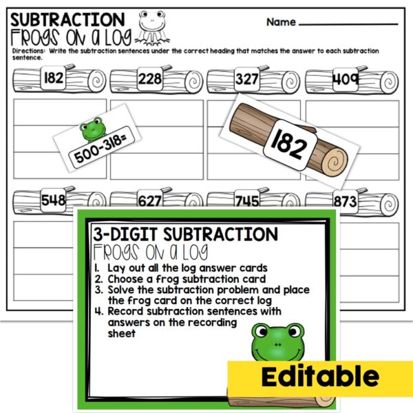 Editable - 2nd Grade July Math Center - 3 Digit Subtraction - Lucky ...
