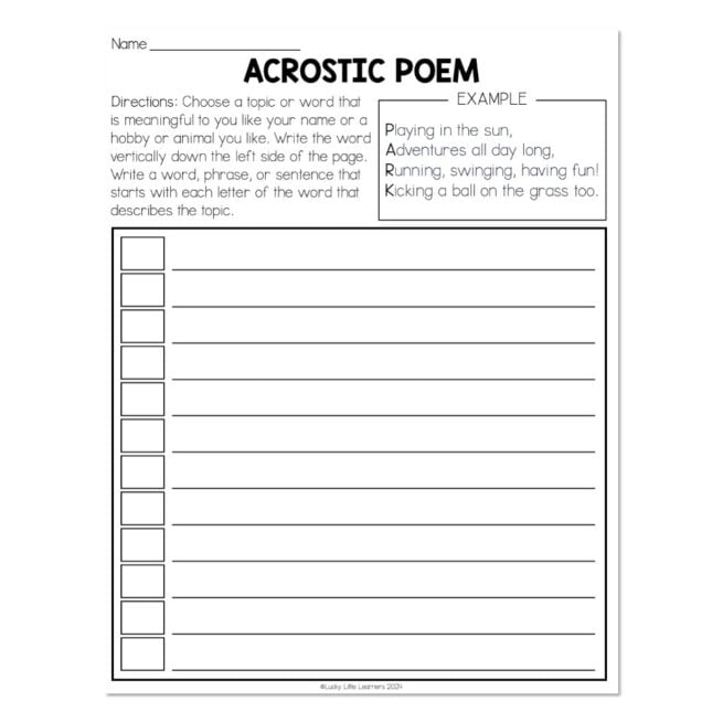 Poetry - Poem Types - Poem Writing Page - Acrostic - Lucky Little Learners